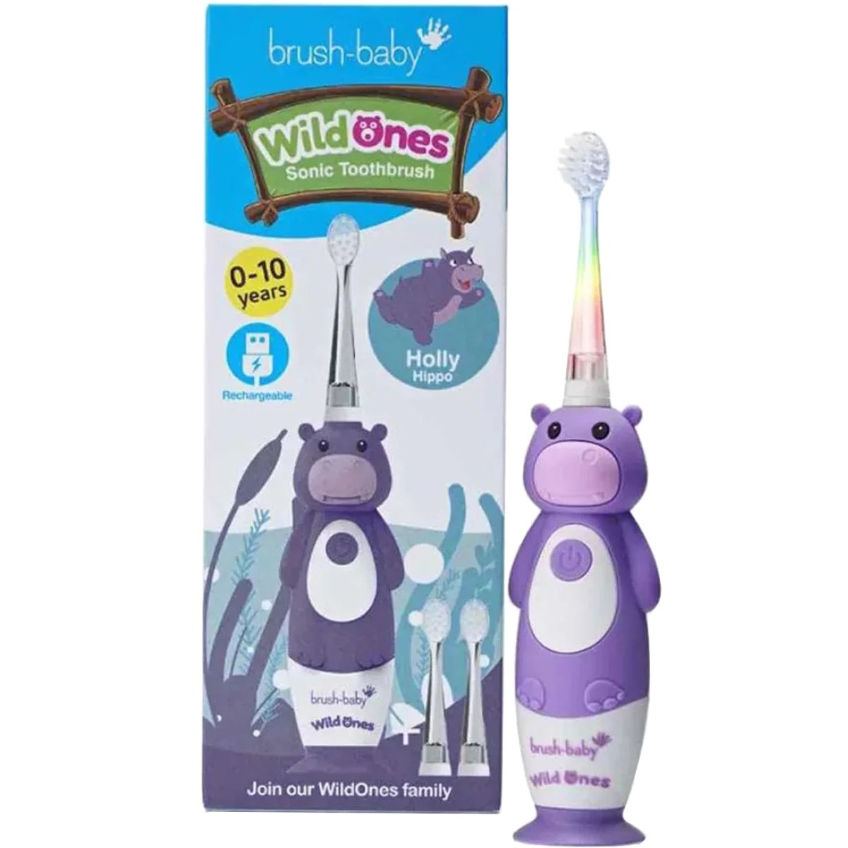 Brush-Baby WildOnes Hippo Kids Electric Rechargeable Toothbrush 1-10 ...